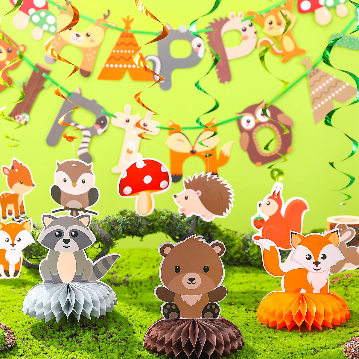 29 Pcs Woodland Party Supplies Animal Honeycomb Centerpieces Baby Shower Birthday Decorations Include Happy Birthday Banners Hanging Cards Swirl Ceiling Streamers for Forest Camping Party Supplies