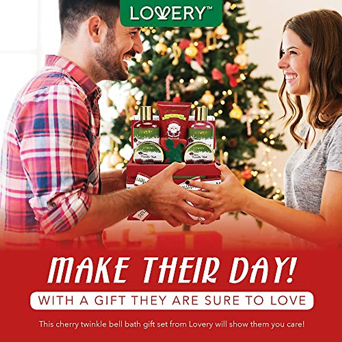 Bath and Body Christmas Gift Basket For Women and Men – Cherry Twinkle Bell Home Spa Set, Includes Fragrant Body Lotions, Bath Salts, Stocking Stuffer, Loofah Scrubber and More