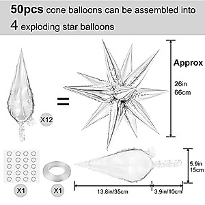 MIAHART 50 Pcs Silver Starburst Cone Mylar Balloons 26 inch Silver Foil Star Balloons Metallic Large Silver Point Star Balloons for Birthday Wedding Christmas Baby Shower Party Supplies