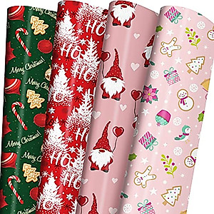 GIOLAINY Christmas Wrapping Paper for Kids Boys Girls Baby Men Women - Xmas Gift Wrap Contain Red Trees, Pink Santa, Snowflakes, Green "Merry Christmas" with Holly Design - 8 Sheets (20*29 Inch per Sheet), Recyclable, High Gloss, Easy to Store, Not Roll