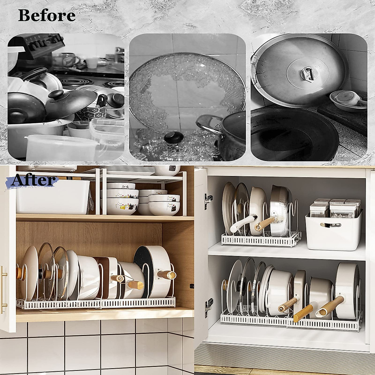 S SNUOY Pot and Pan Organizer Expandable Pan Lid Organizer Rack for Cabinet Pot Lid Holder Rack with 10 Adjustable Compartment for Pot Lids Cutting Boards,White