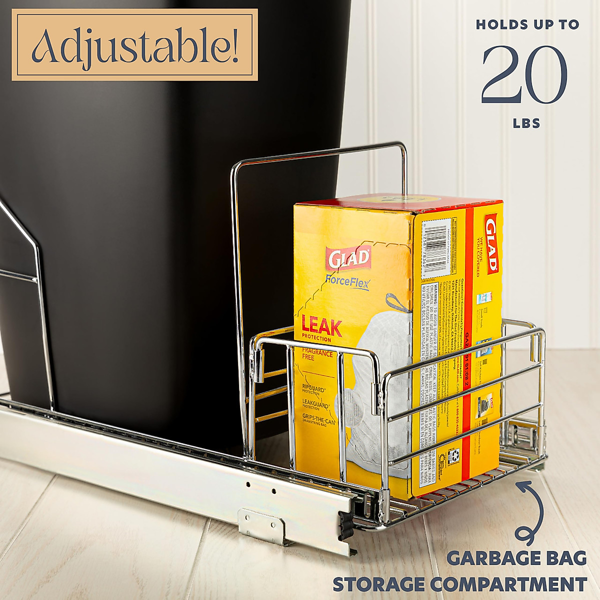 HOLDN’ STORAGE Pull Out Trash Can Under Cabinet - Trash Can Not Included - Dedicated Space for Disposable Trash Bags, Requires a 11” Cabinet Opening, Adjustable, Heavy Duty, Anti Rust Chrome Finish