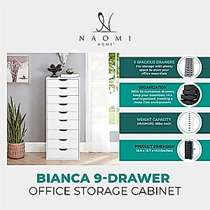 Naomi Home Bianca 9 Drawer Chest, Wood Storage Dresser Cabinet with Wheels, Large Craft Storage Organizer Makeup Drawer Unit for Closet, Bedroom, Office File Cabinet 200 lbs Total Capacity - White