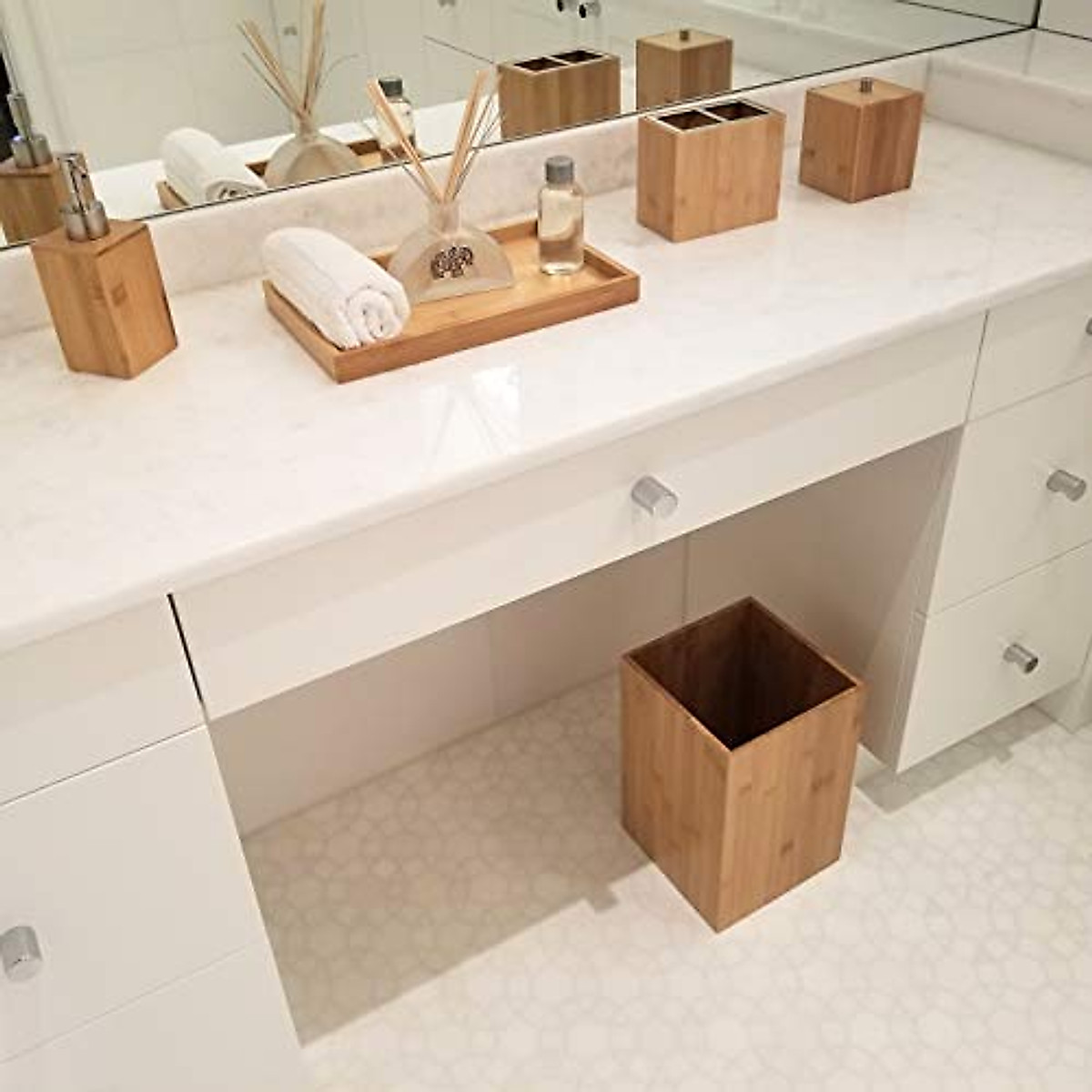 Elegant 5 Piece Bamboo Bathroom Accessories Set Deluxe Vanity Accessory Set with Wastebasket Updated Premium Bamboo Bath Set