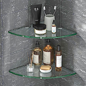 Corner Glass Shower Caddy 2 Pack 8MM-Thick Tempered Glass Shelf No Drilling Wall Mount Corner Mounted Shelves Space Saver Adhesive Bathroom Home Shelf Shampoo Holder Organizer Strong Adhesion