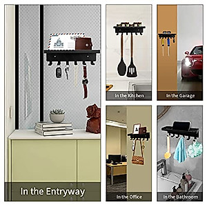 GTK Key Holder with Tray and 6 Hooks for Hallway, Key Rack with Shelf for Mail Storage (Black)