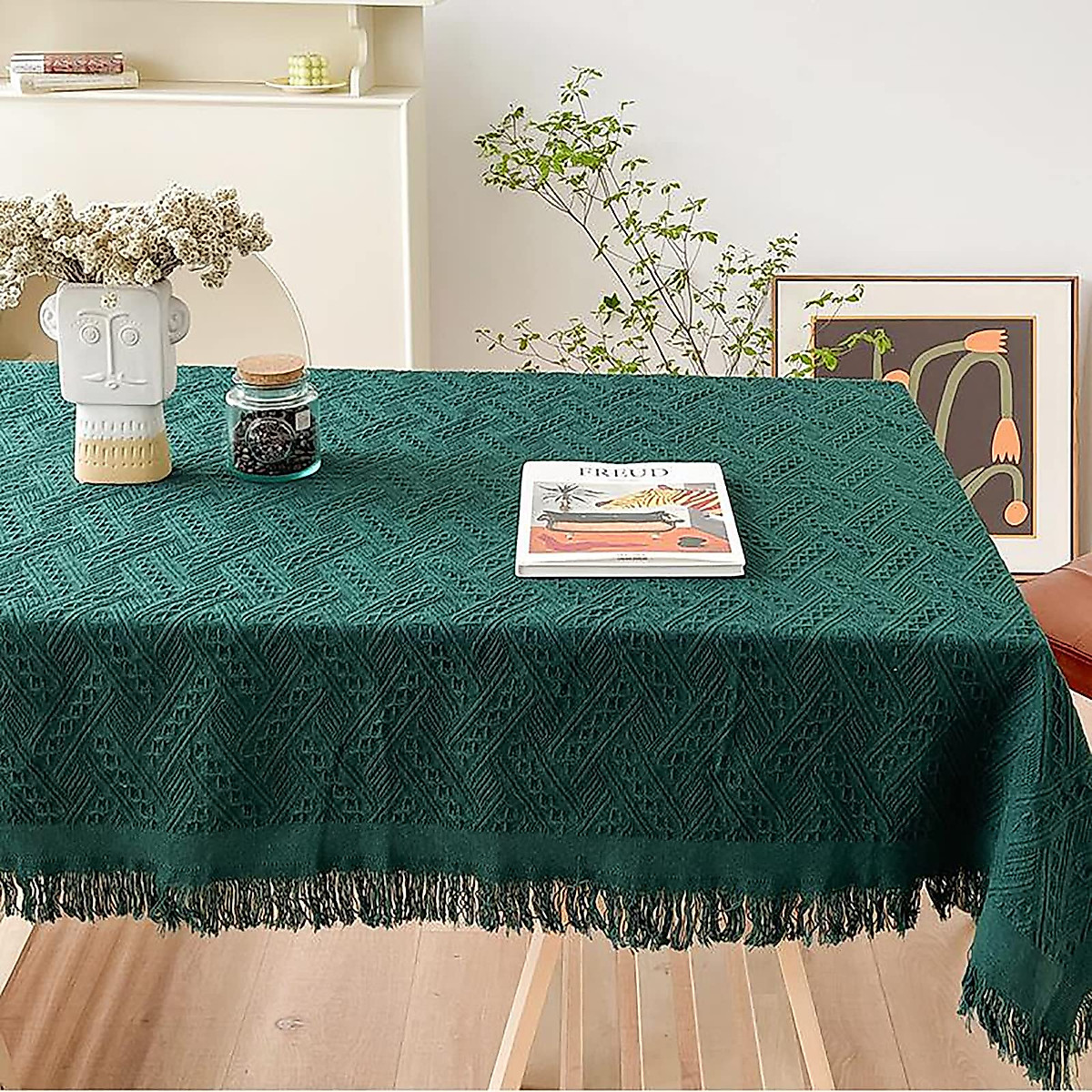 NM&DMY Premium Tassel Table Cover,French Lace Tablecloth Coffee Table Protector Tabletop Decoration Oblong Kitchen Multi-Size Table Linens-Green a 90x150cm(35x59inch)
