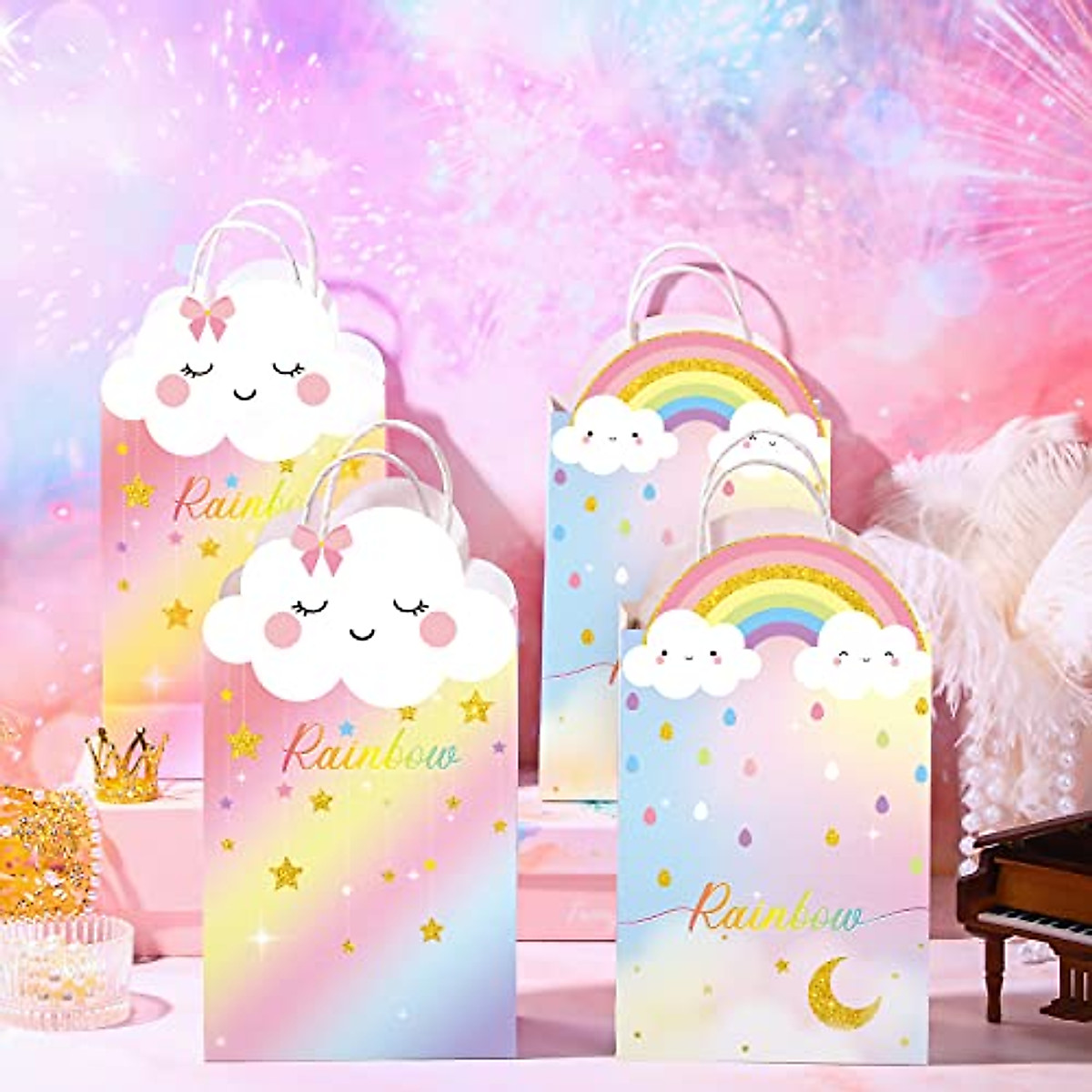 16 Pieces Rainbow Party Favor Bags Rainbow Present Bags with Handles Cloud Birthday Goodie Candy Bags Pastel Party Treat Gift Bags for Kids Girls Cloud Rainbow Party Decor Baby Shower Party Supplies