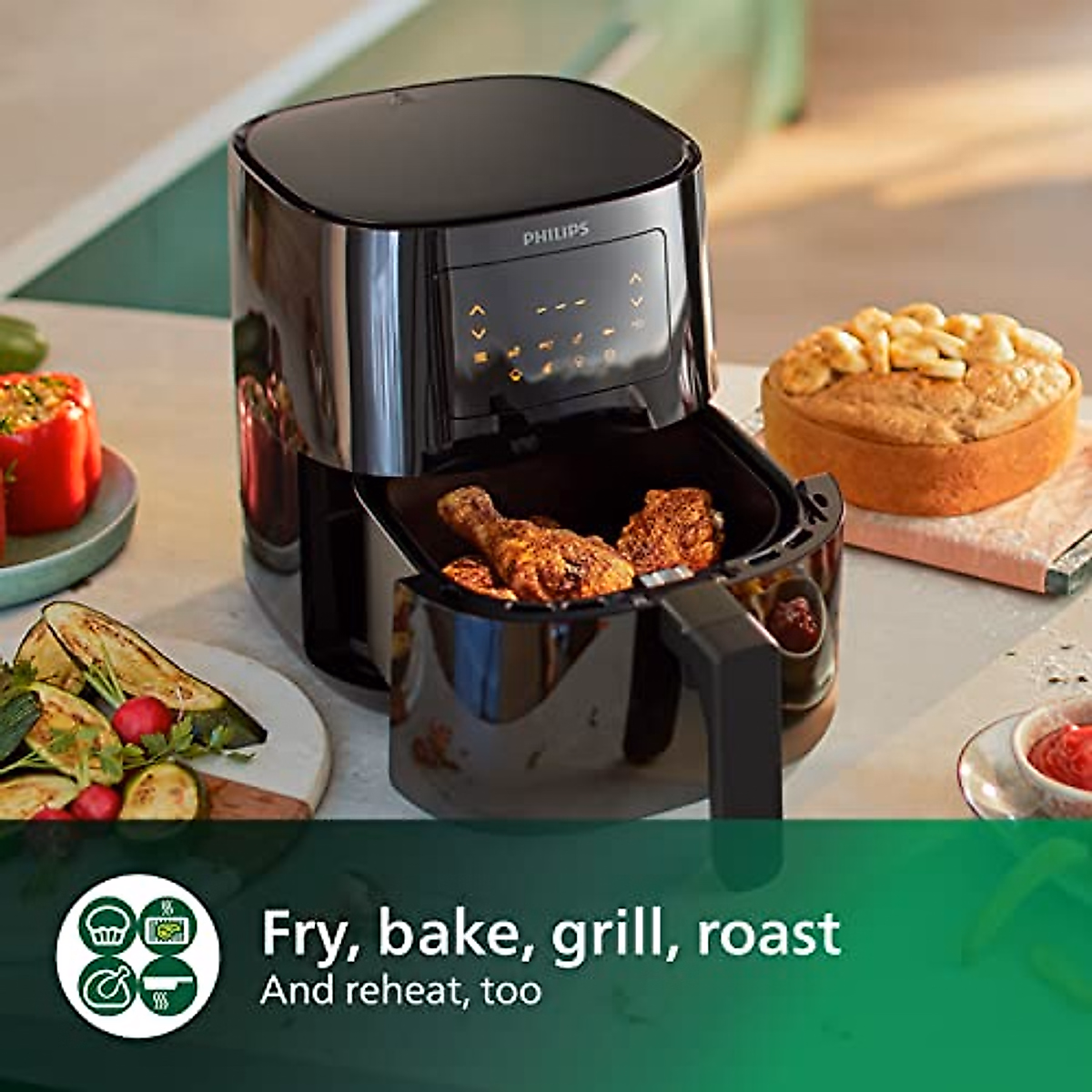 Philips Essential Airfryer Compact 1.8lb/4.1L Capacity Digital Airfryer, Black & Party Master Accessory Kit with Double Layer Rack and Silicone Muffin Cups, Silver/Red