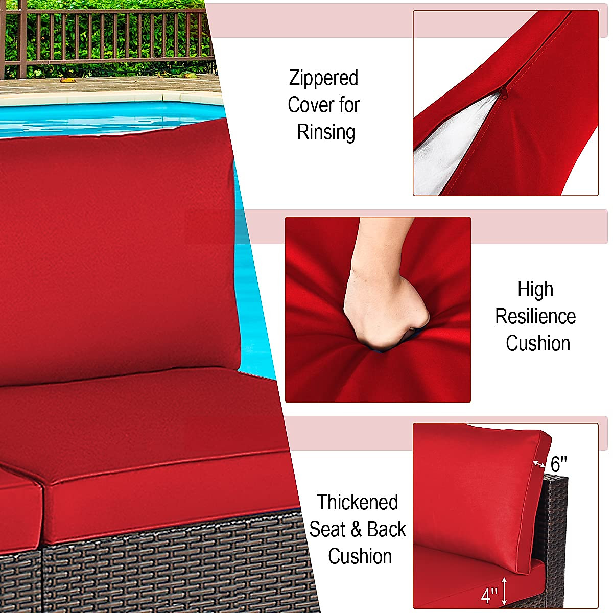 Tangkula 2 PCS Outdoor Wicker Armless Sofa, Patio Rattan Sectional Sofa Set w/2 Thick Seat Cushions and 2 Back Cushions, Additional Seats for Balcony Garden Patio Poolside (Red)