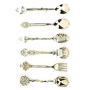 Spoon Spoons 6 Pack for 6Pcs Accessory Cutlery for Set Decorative Style Zinc Alloy for Slotted Spoons (Gold (auspicious knot fork handle))