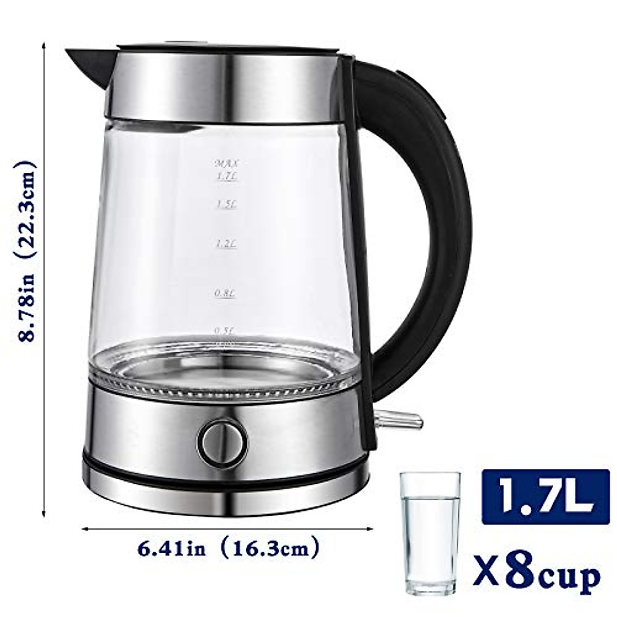 FAVIA Electric Kettle Water Boiler for Boiling Hot Water 1.7L with Wide Opening Auto Shut-Off & Boil-Dry Protection Tea Kettle Glass Pot Cordless LED Indicator 1500W BPA Free