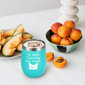 Qtencas Cat I'm Silently Correcting Grammar Wine Tumbler, Christmas Birthday Gifts for English Teachers, Grammar Police, Cat Lovers, Women, Funny Insulated Stainless Steel Tumbler (12Oz, Mint)