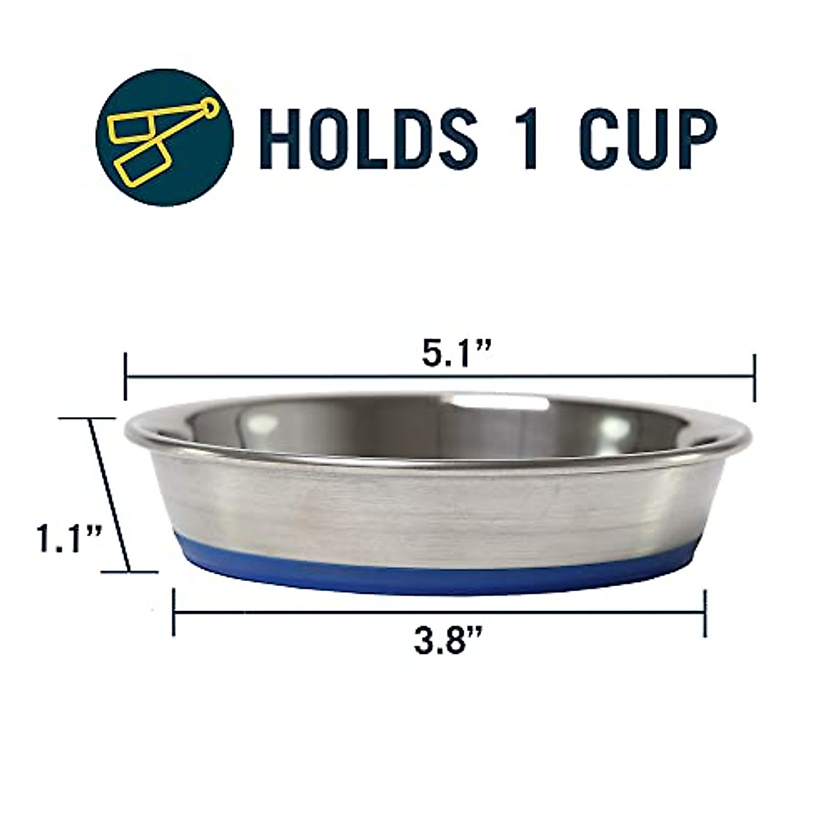 Our Pets DuraPet Stainless Steel Non-Slip (Cat Food Bowl or Water Bowl) [Holds up to 1 Cup of Dry Cat Food or Wet Cat Food] Easy to Clean (Stainless Steel , 1 Cup)