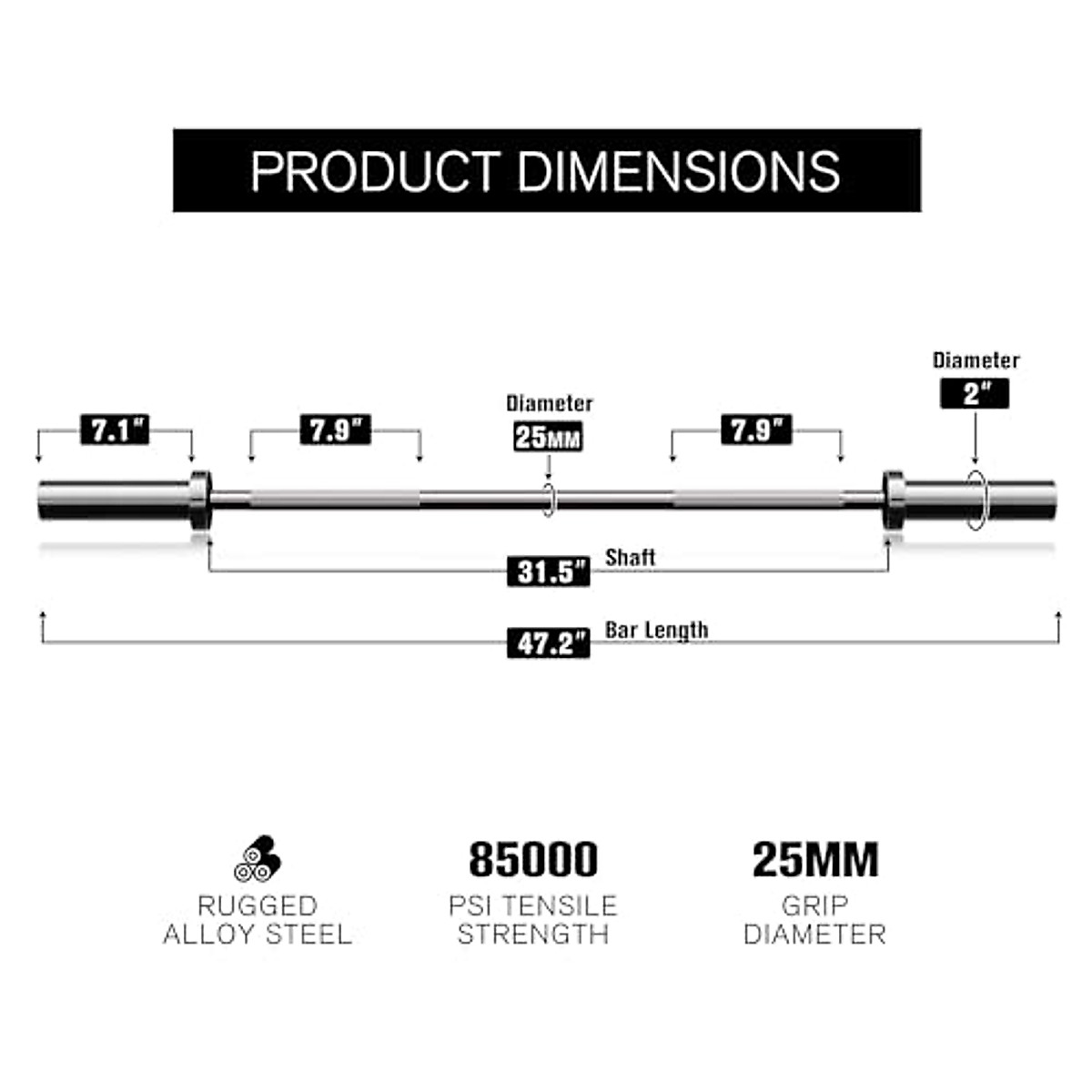 RitFit Olympic Barbell 4FT, 2-inch Weightlifting Bar for Strength Training and Home Gym