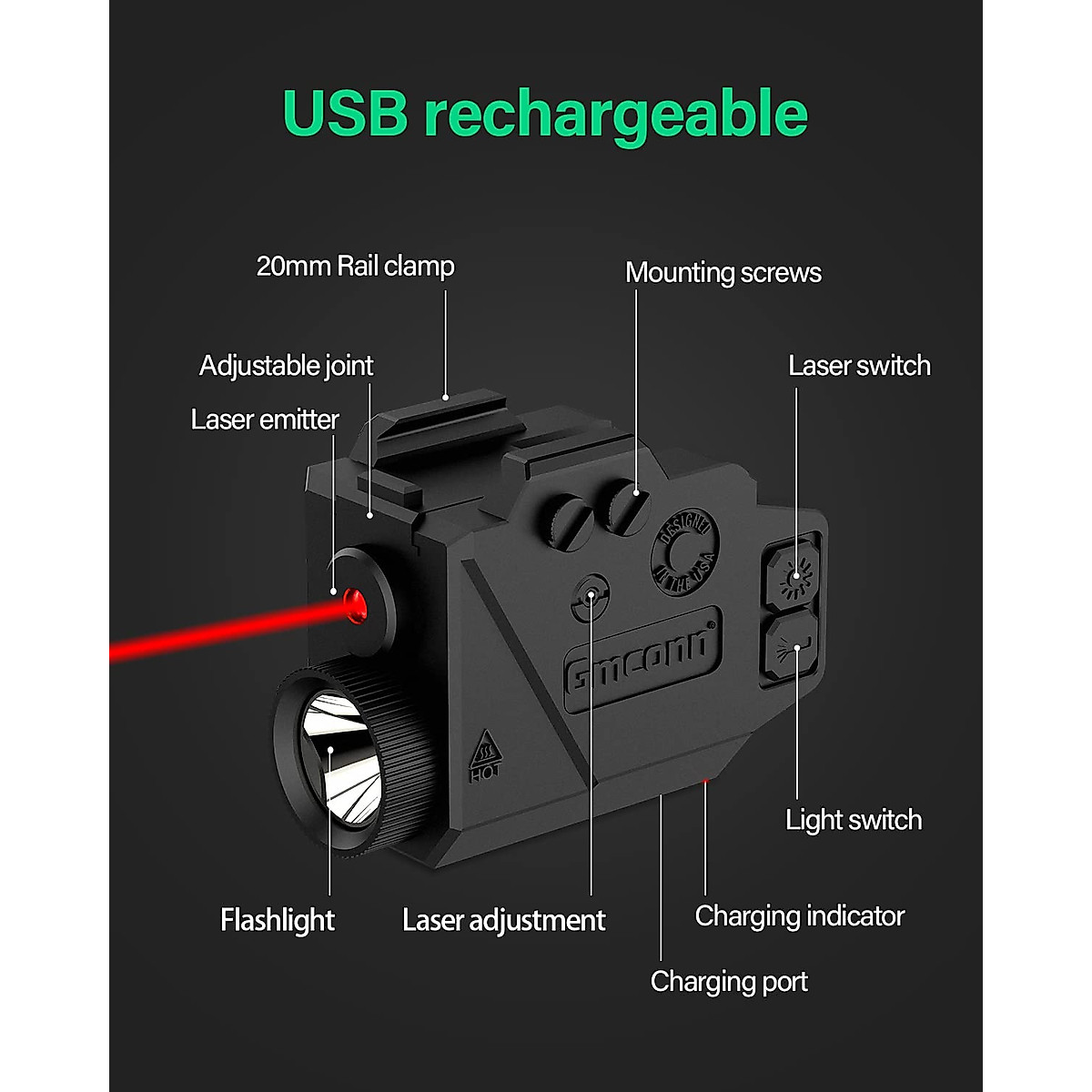 Gmconn Gun Light Red Laser Sight Weapon Pistol Flashlight, 800 Lumen LED Flashlight with Red Beam for Glock