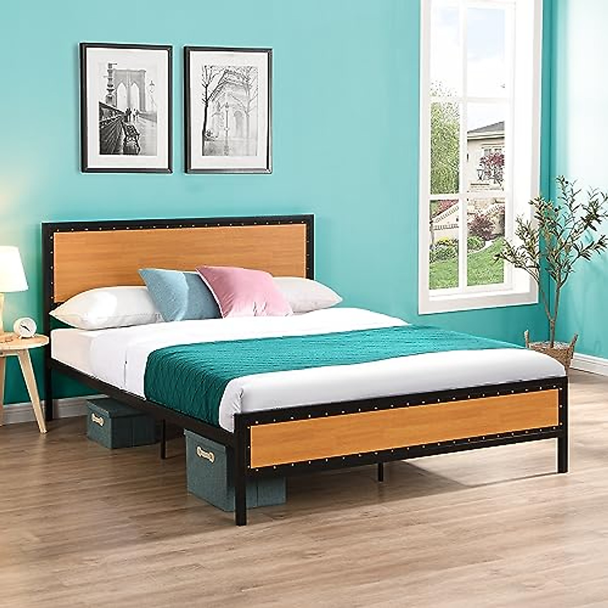 HAUSHECK Queen Size Platform Bed Frame, Industrial Stlye Metal Bed Frame w/Headboard & Footboard, Bedframe No Box Spring Needed for Kids, Teen, Adults, Strong Steel Slat Support Mattress Foundation