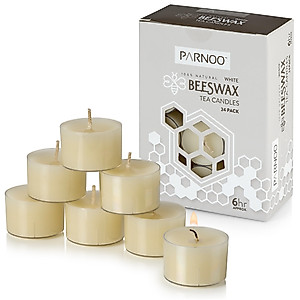 PARNOO 100% Natural White Beeswax Tealight Candles in Clear Plastic Cups, 6 Hours Burn time - Pack of 24