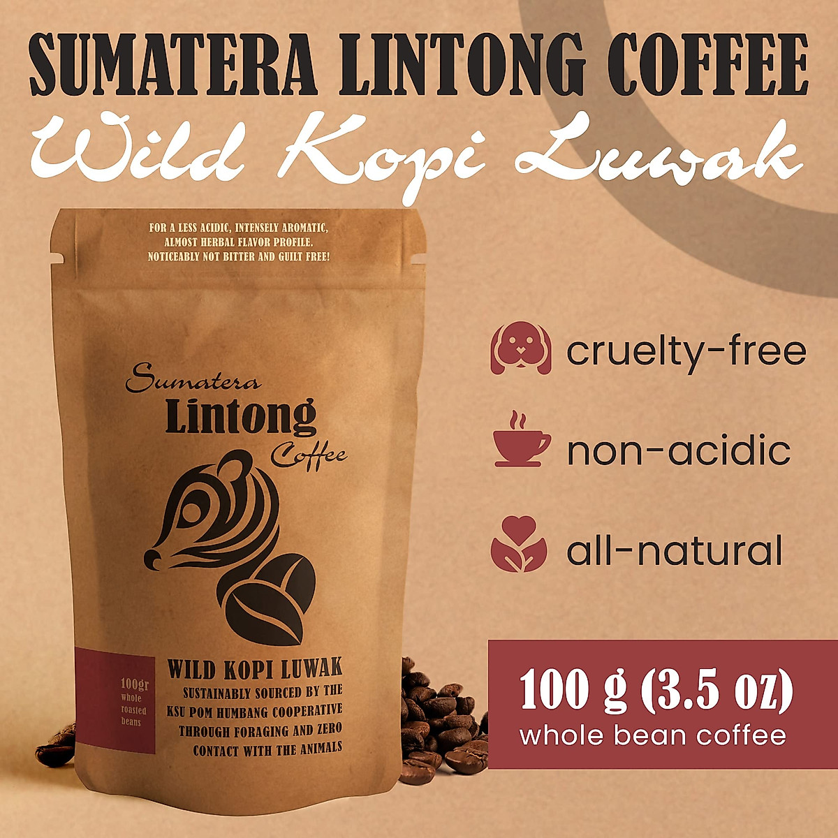 Wild Kopi Luwak, the World’s Most Exclusive Coffee, Sustainably Sourced From Sumatra, Indonesia (100gr / 3.5oz)