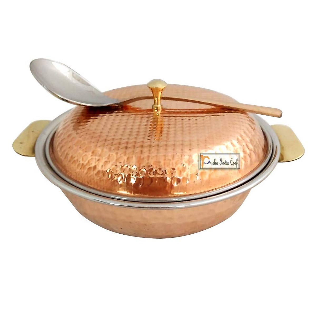 Prisha India Craft Hammered Steel Copper Casserole Donga Bowl/Copper Handi With Lid And Serving Spoon, Tableware & Serveware | Capacity 850 ML