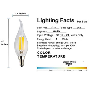OPALRAY Low Voltage 12V LED Candelabra Bulb, 12V DC or 12V AC, 4W Dimmable, 2700K Warm White Light, E12 Small Base, 40W Incandescent Replacement, 12Volt DC Operated, Clear Glass Flame Tip, 5-Pack