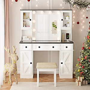 ANWBROAD Farmhouse Makeup Vanity Desk with Mirror and Lights White Vanity Desk 43" W Glass Tabletop Vanity Table with Charging Station & 2 Cabinets Big Modern Dressing Table Stool for Bedroom UBDT71W
