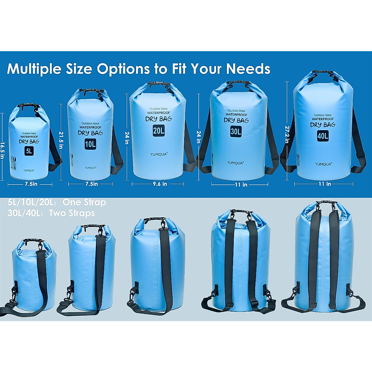 YUMQUA Waterproof Dry Bag Backpack 5L/10L/20L/30L/40L, Roll Top Floating Waterproof Storage Bags for Kayaking, Boating, Swimming, Hiking, Camping and Fishing