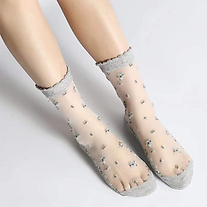 DXYAKY 5 Pairs Women Transparent Sheer Mesh Socks Ultrathin Fishnet See Through Short Anklets Flower Patterned Silk Stockings