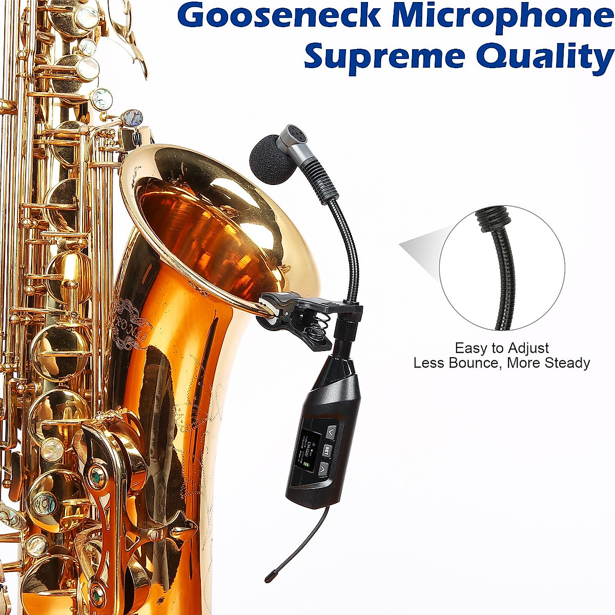 SGPRO Wireless Saxophone Microphone System, Clip-On Instrument Microphone for Sax and Trumpet, Preset EQ & Echo Level 196 Ft Transmission Rechargeable Compact Transmitter and Receiver 4.5 Hours