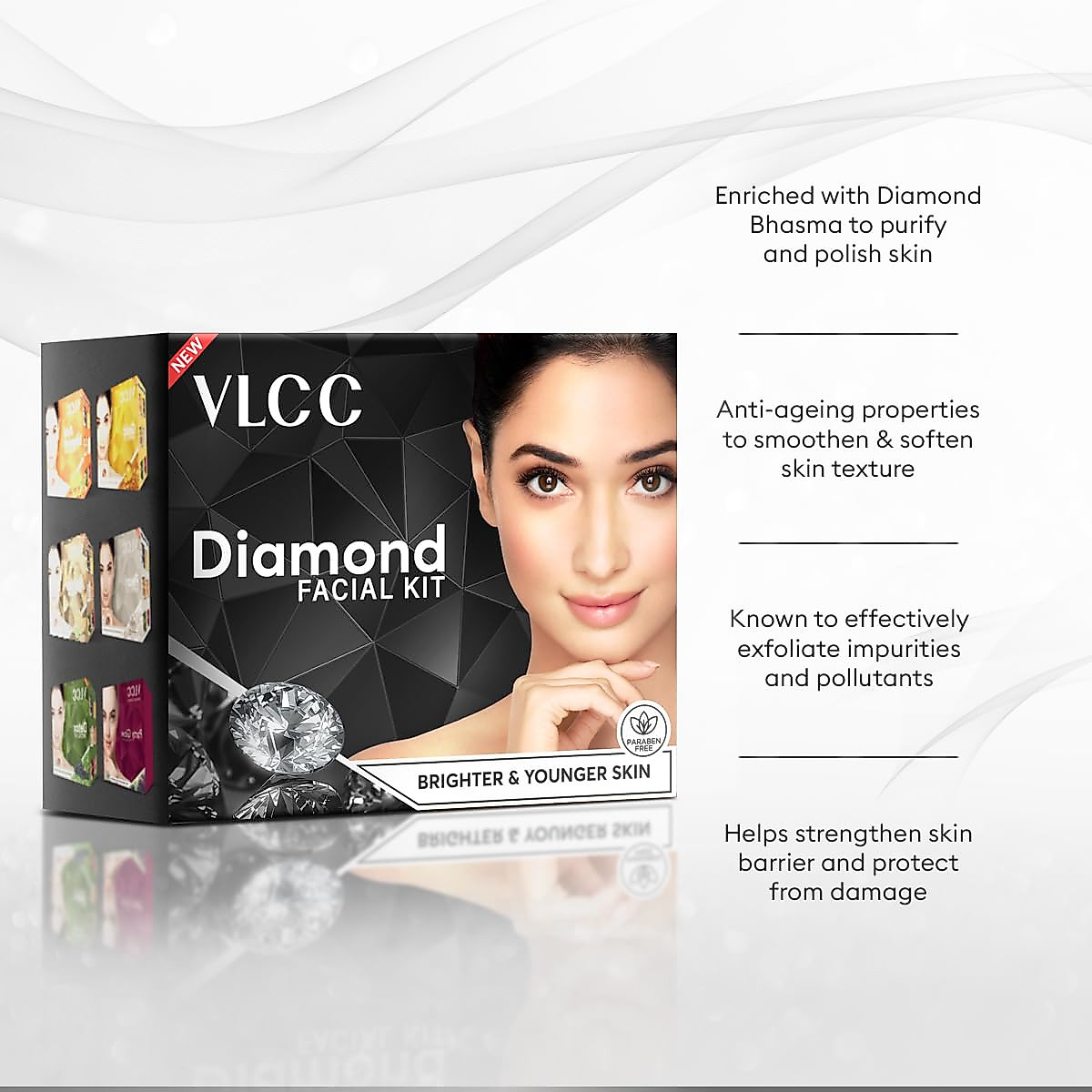VLCC Party Diamond Facial Kit - Single Use | Salon Like Facial at Home in Just 6-Steps | Includes Cleanser, Scrub, Cream, Face Pack & Moisturizing Gels | 2.12 Oz/60g