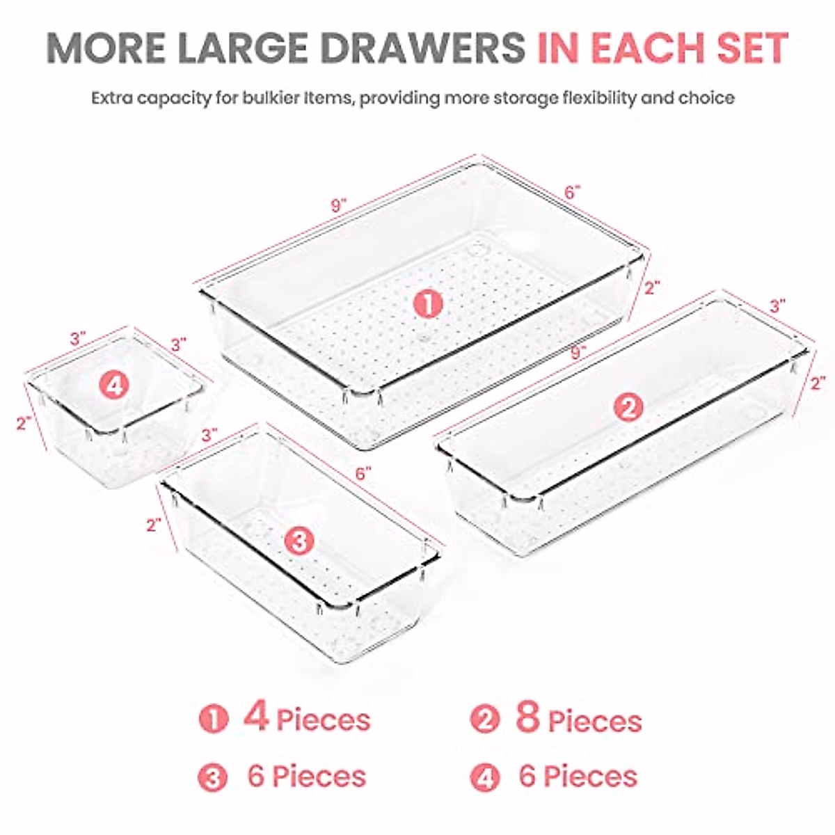 HOUSE DAY Makeup Drawer Organizer Trays 24 PCS, 4-Size Clear Drawer Organizers with Silicone Pads, Vanity Organizers and Storage, Non Slip Plastic Drawer Organizer for Desk, Bathroom, Kitchen, Office