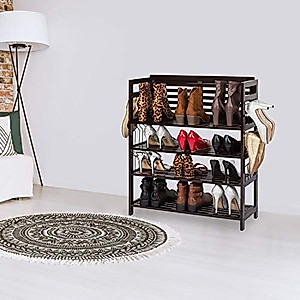 Kinsuite Shoe Rack Organizer 5-Tier Bamboo Shoe Shelf Free Standing Adjustable Shelves with 12 Hooks for Entryway Closet Bedroom, Dark Brown