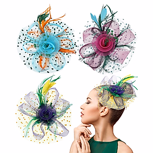 Yunsailing 3 Pack Fascinators Hats for Women, Tea Party Hats for Girls Flower Cocktail Mesh Feathers Hair Clip for Party (Fresh Color)