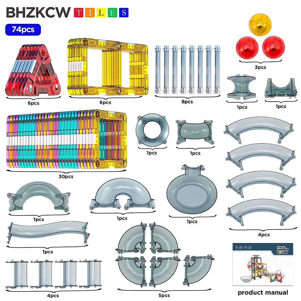 Magnetic Tiles Building Blocks for Kids, Marble Run Race Track Magnet Building Toys Educational Stem Toys for Age 3 4 5 6 7 8+ Year Old Girls Boys Birthday Gift Yellow (Standard Edition 74PCS)