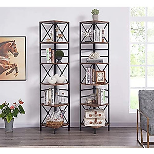 HOMISSUE 6 Tier Industrial Corner Shelf Unit, Tall Bookcase Storage Display Rack for Home Office, Rustic Brown