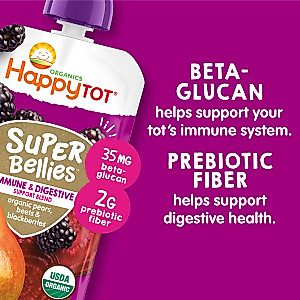 Happy Tot Organics Stage 4 Baby Food Pouches, Gluten Free, Vegan Snack, Super Bellies, Fruit & Veggie Puree, Pears, Beets & Blackberries 4 Ounce (Pack of 16)