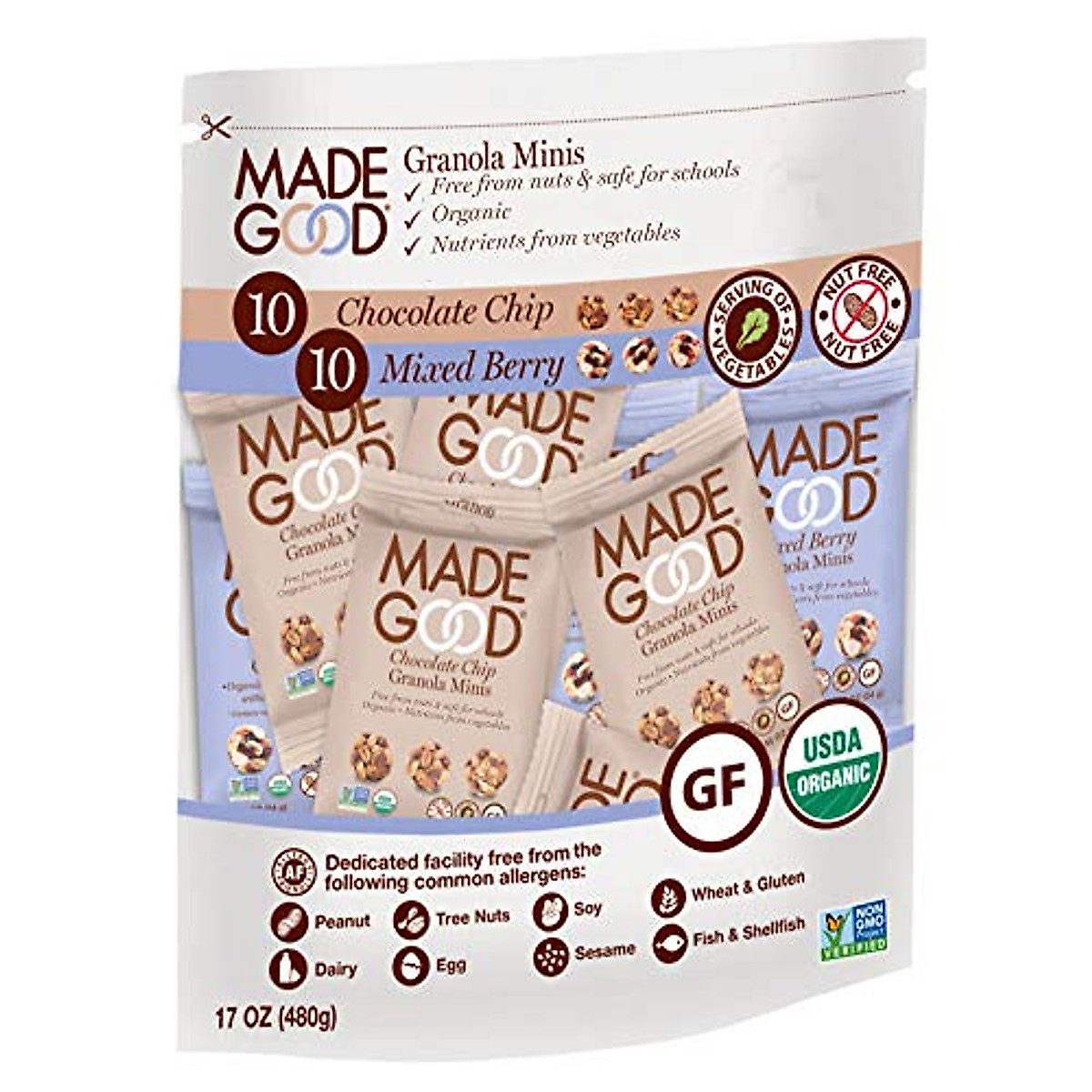 MadeGood Granola Minis Club Pack (20 ct, 0.85 oz. each); 10 Bags Chocolate Chip and 10 Bags Mixed Berry Granola Minis; Vegan, Gluten-Free, Allergy-Friendly, Organic, Non-GMO Snacks