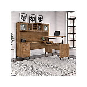 Bush Furniture Somerset 3 Position Sit to Stand L Shaped Desk with Hutch | Wide Office Computer/Laptop Desk with Storage Shelves & Drawers | Study Table and Work Desk in Fresh Walnut