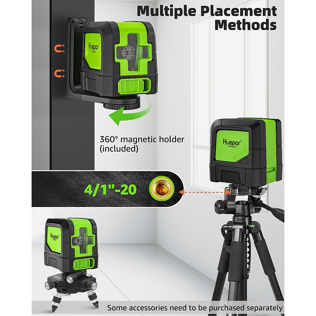 HUEPAR Laser Level Self-Leveling - 100 feet DIY Bright Green Cross Line Laser Leveler for Picture Hanging, Tile, Decoratio and Construction Indoor Project, 360° Magnetic Base & Battery Included