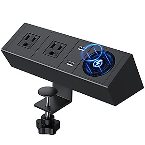 Desk Clamp Power Strip with Wireless Charger,Desk Mounted Power Strip with USB,900 Joules Surge Protector Desk Edge Power Strip,Desk Power Station with 2 Outlet and 2 USB Ports,6ft Cable