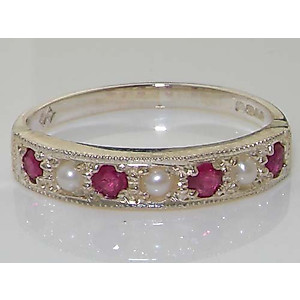 LetsBuyGold 925 Sterling Silver Cultured Pearl and Ruby Womens Band Ring - Sizes 4 to 12 Available