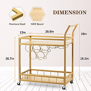 JUMMICO Bar Cart Industrial Home Mobile Wine Cart Serving Bar Cart on Wheels with Storage Shelves Wine Rack and Glass Holder for Living Room, Kitchen, Corridor, Hallway,Gold