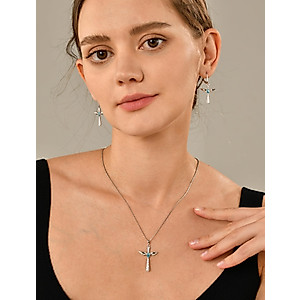 YL Cross Necklace 925 Sterling Silver Angel Wings Pendant Teardrop Created Aquamarine Criss Jewelry for Women