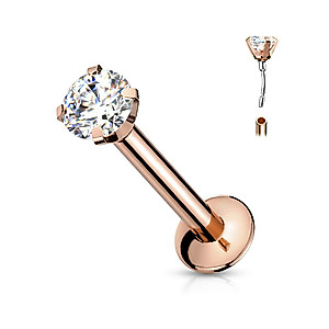 Dynamique CZ Prong Set Threadless Top PVD Over 316L Surgical Steel Push in Style Labret, Flat Back Stud (Sold Per Piece)