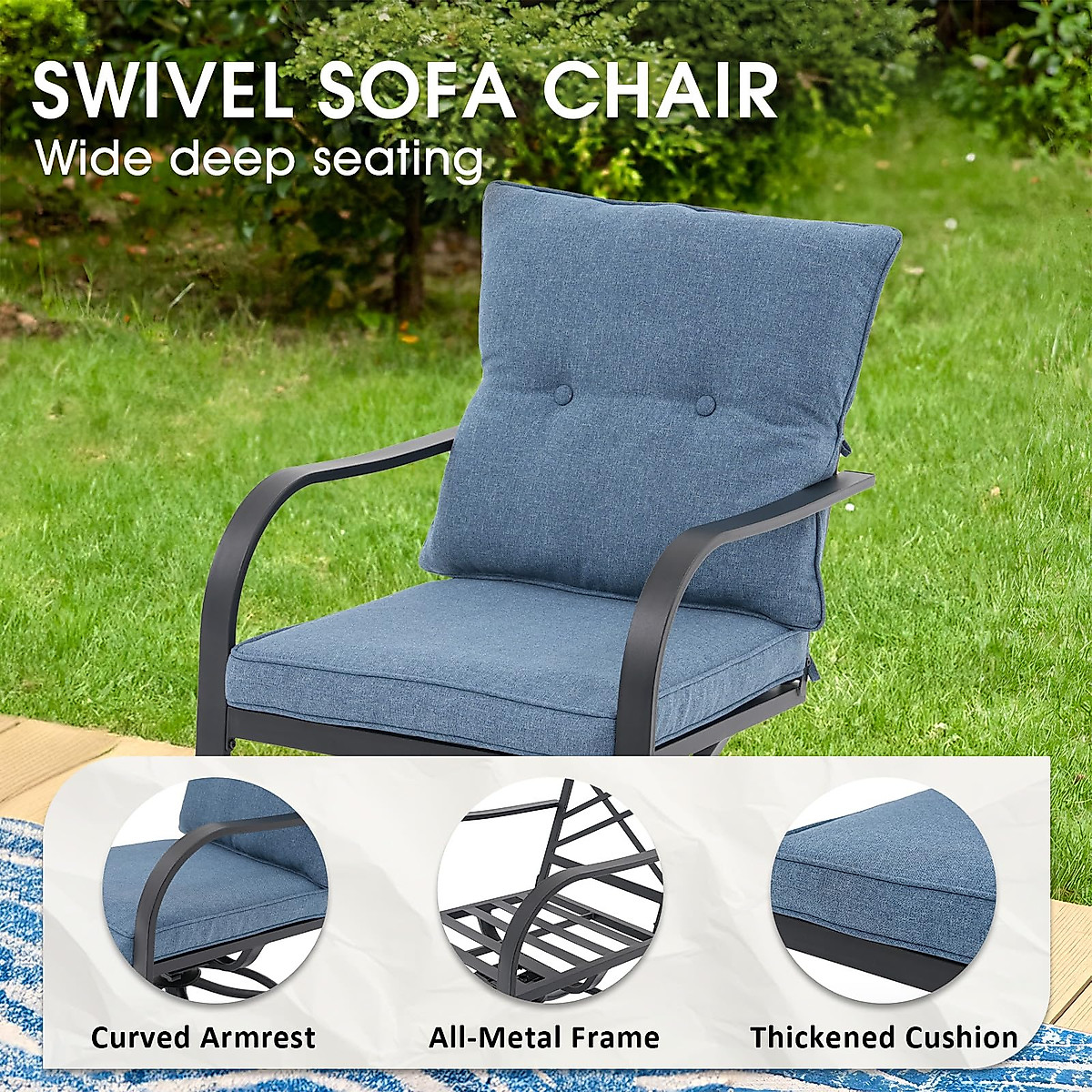 JARDINA 4 Pieces Patio Furniture Set, Metal Outdoor Patio Furniture, All-Weather Patio Conversation Set with Loveseat Sofa, 2 Swivel Chairs, Coffee Table and Cushions for Backyard Deck, Blue