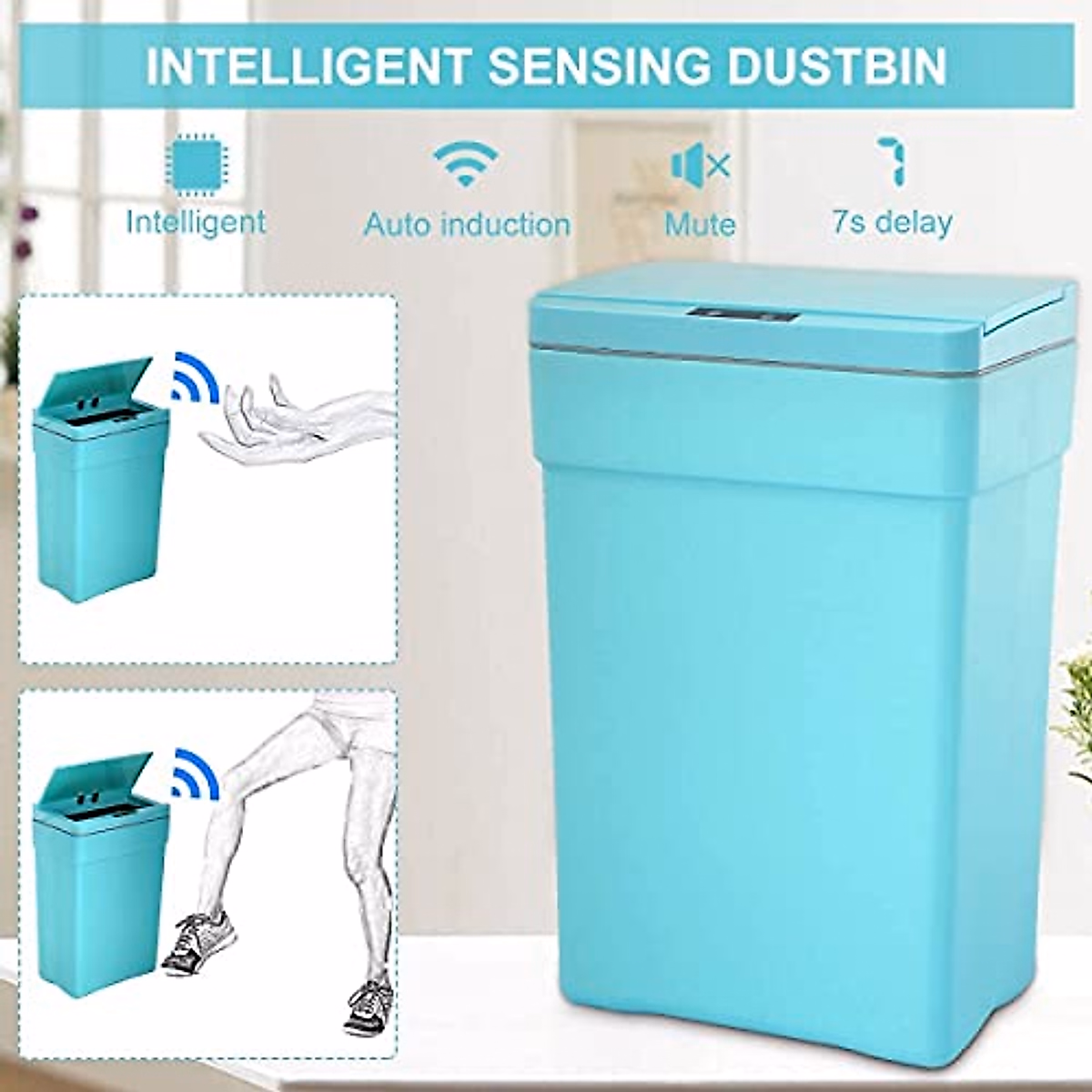 NiamVelo 50 Liter/13.2 Gallon Trash Can, Automatic Garbage Can Touch Free High-Capacity,Plastic Smudge Resistant Trash Can Kitchen Trash Can with Lid (Blue)