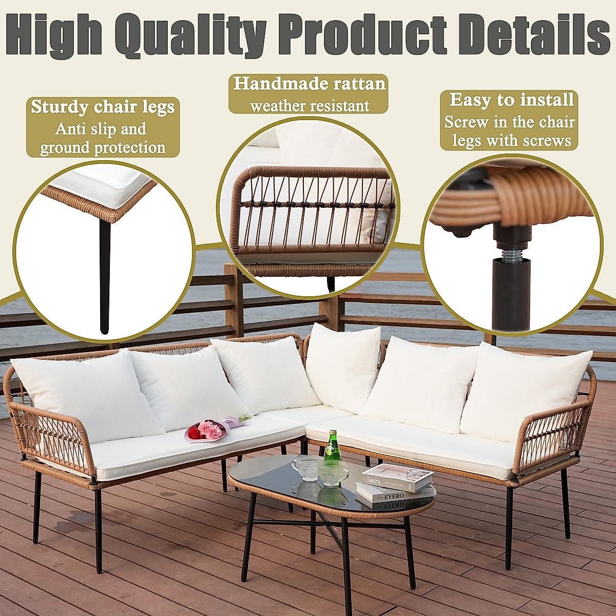Homsido 4 Pieces Patio Sectional Furniture Chairs Set Boho Water-Resistant Outdoor Indoor Wicker Sectional Sofa Beige Woven PE Rattan Conversation Chat Set with Rect Side Table(White Cushions)