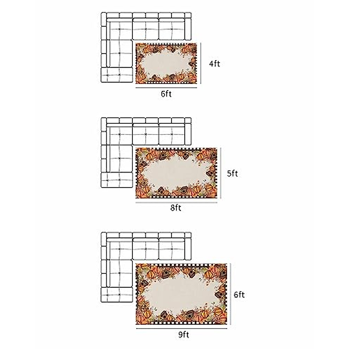 Thanksgiving Fall Outdoor Rug for Patio/Deck/Porch, Non-Slip Area Rug 5x8 Ft, Orange Pumpkin Maple Leaf Black White Plaid Indoor Outdoor Rugs Washable Area Rugs, Reversible Camping Rug Carpet Runner