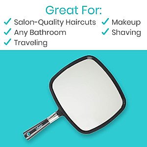 Vive Hand Mirror - Handheld Mirror with Handle - Extra Large Travel Portable Design - Makeup Mirror, Hair, Bathroom, Shaving, Barber - Vanity for Women, Men with Paddle Handle - Black Plastic Tool