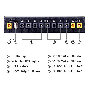 GOKKO Guitar Pedal Power Supply 10 Isolated DC Output for 9V 12V 18V Effect Pedal with Smart Short Circuit and Over Current Protection